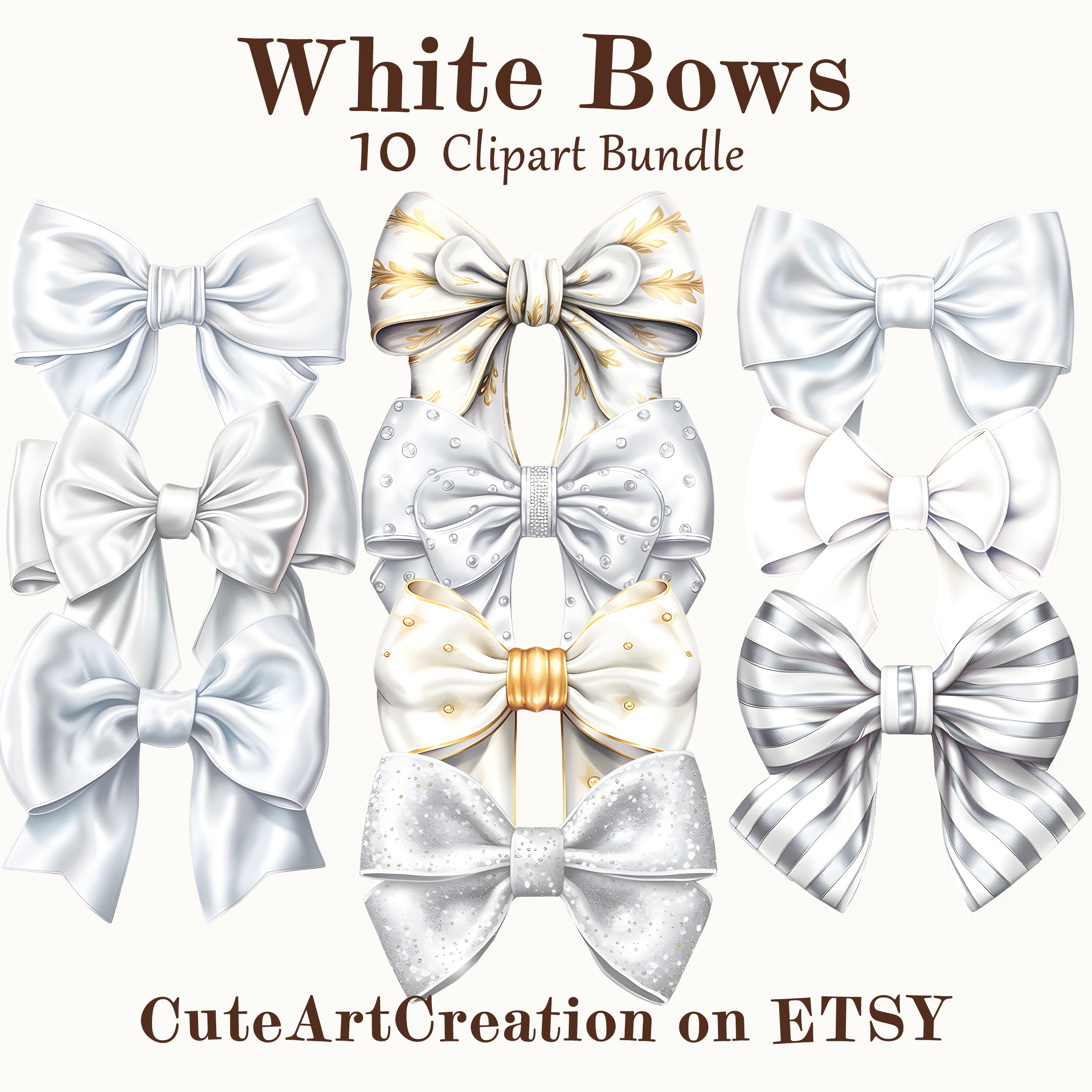10 White Bow Clipart, Watercolor White Bows, Bows Art, Digital Art ...