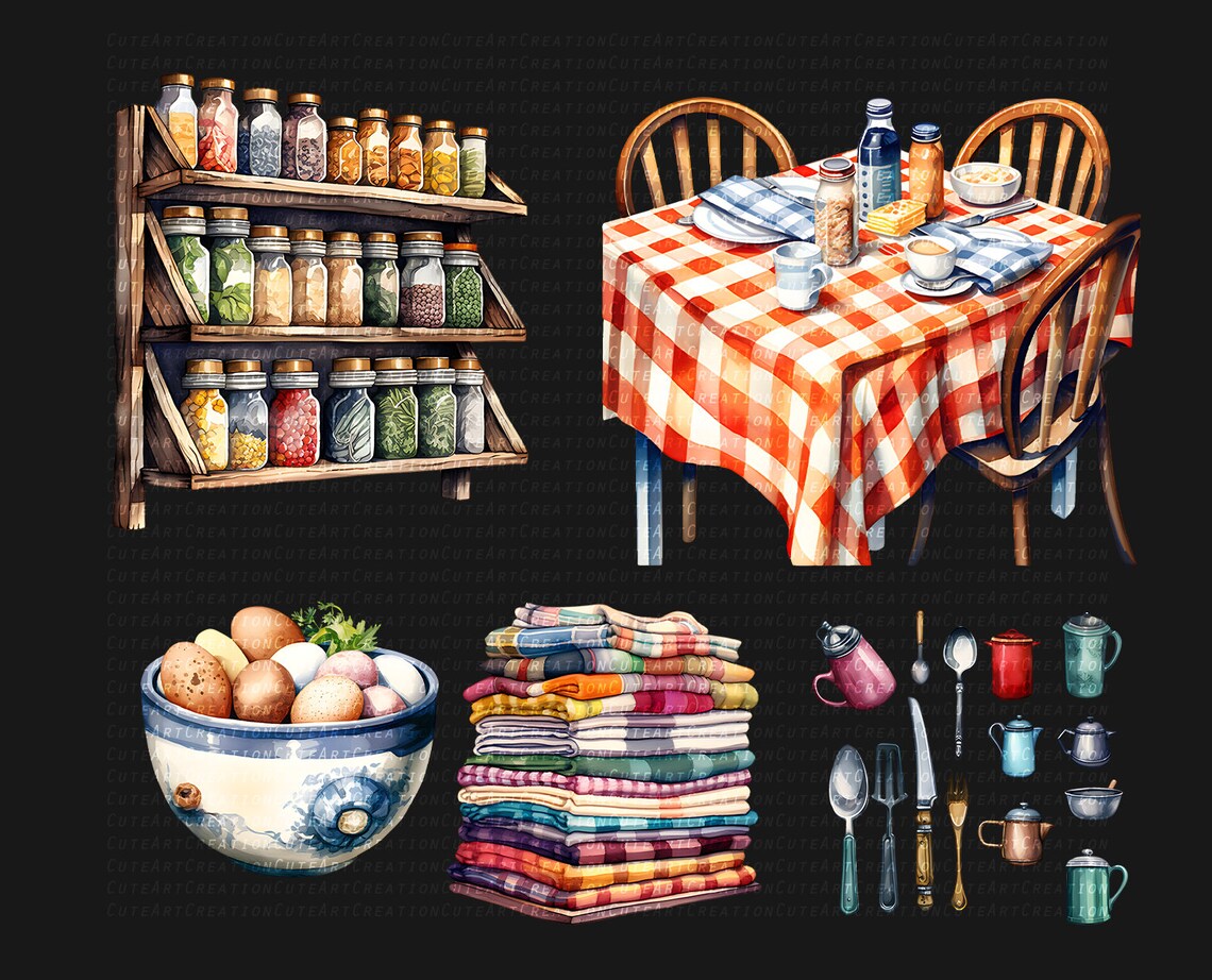 30 Country Style Kitchen Clipart, Watercolor, Vintage Farm Cooking ...