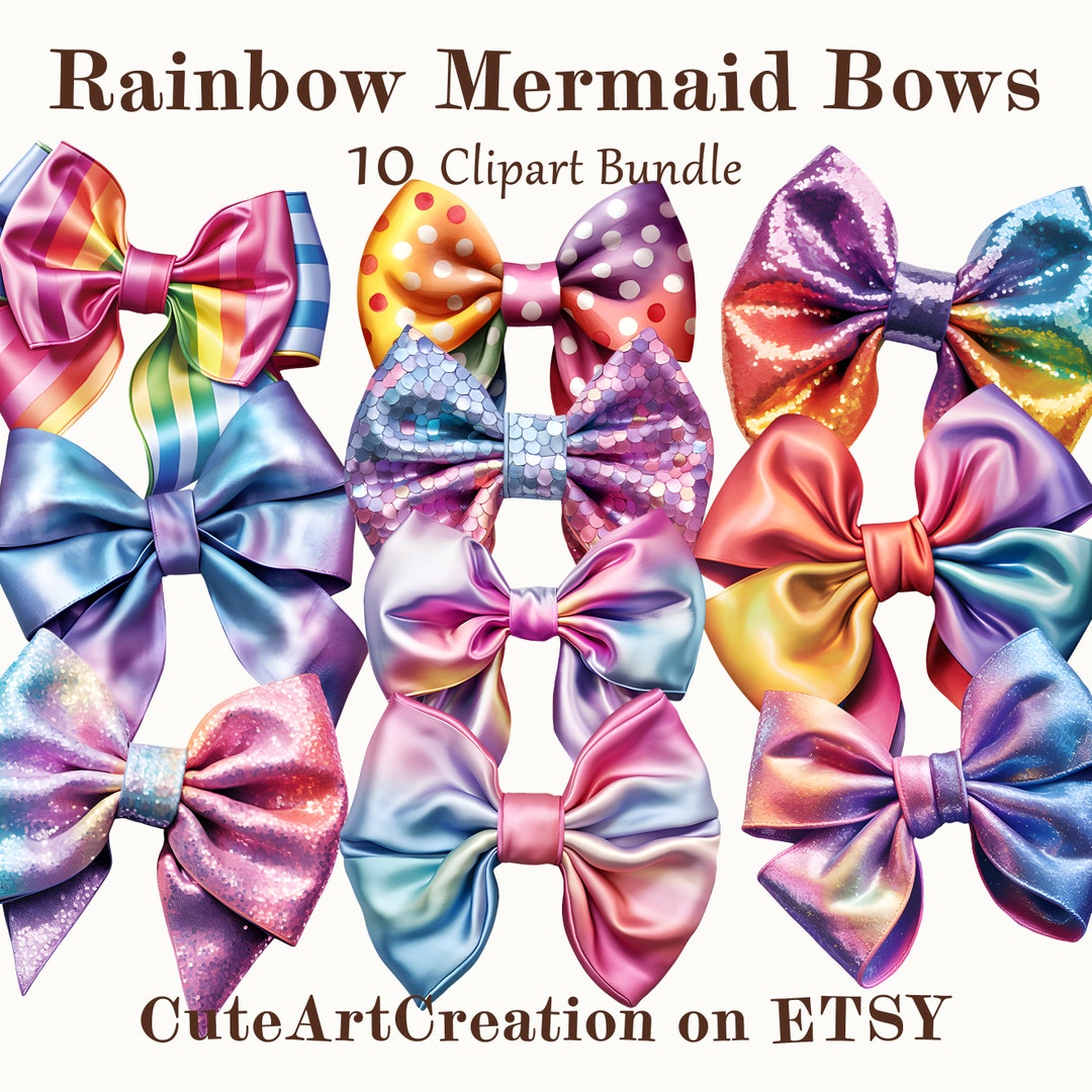 10 Rainbow Bow Clipart, Watercolor Mermaid Bows, Bows Art, Digital Art ...