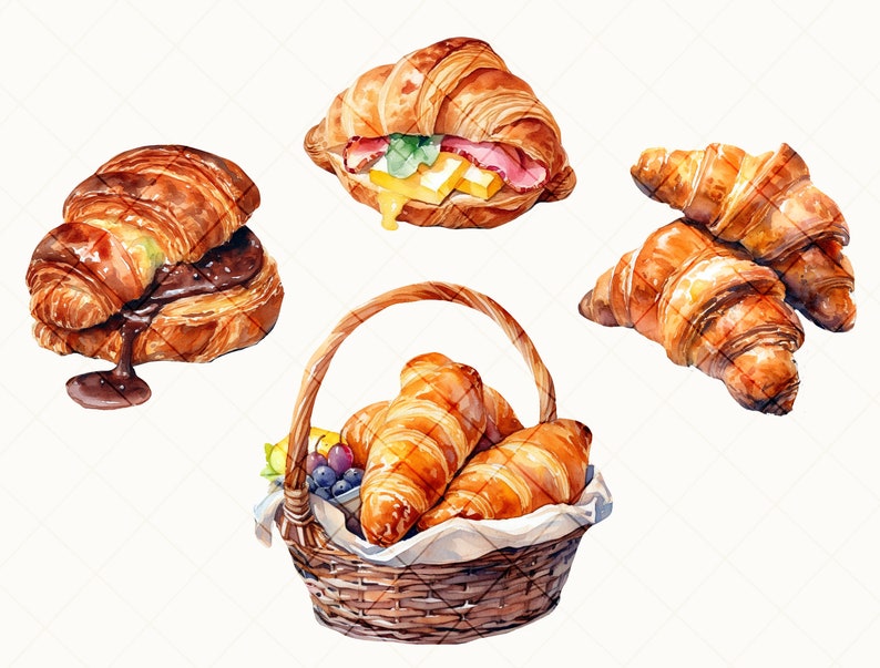 8 Croissant Clipart, Watercolor Croissant, French Croissant Art ...