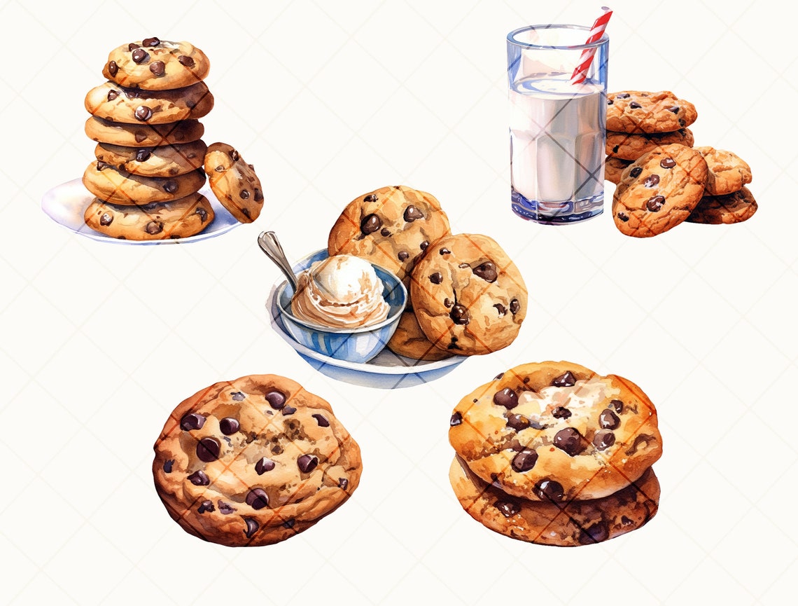 10 Chocolate Chip Cookies Clipart, Watercolor Cookies, Cookie Art ...