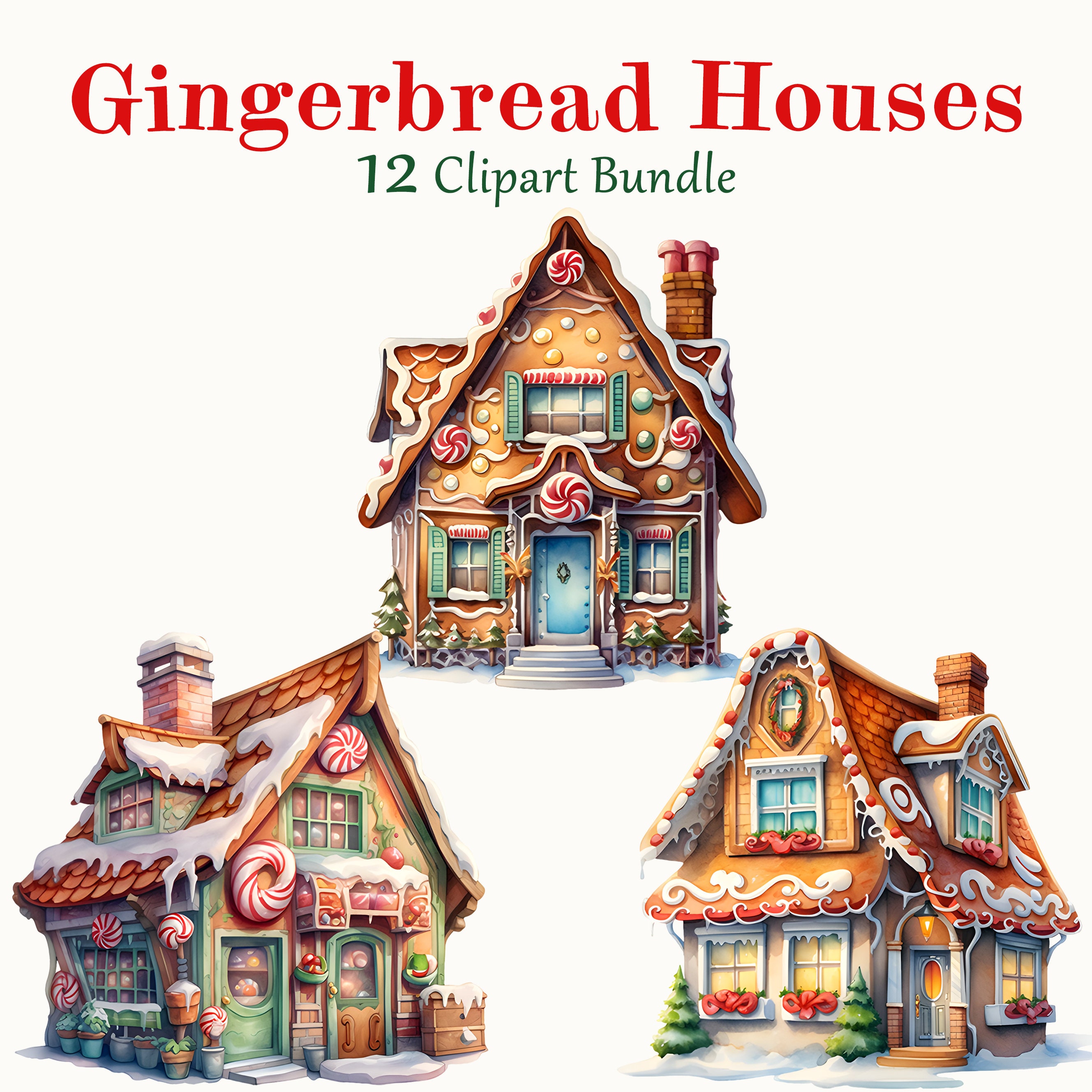 12 Christmas Ginger Bread Houses Clipart, Watercolor Art, Winter Art ...