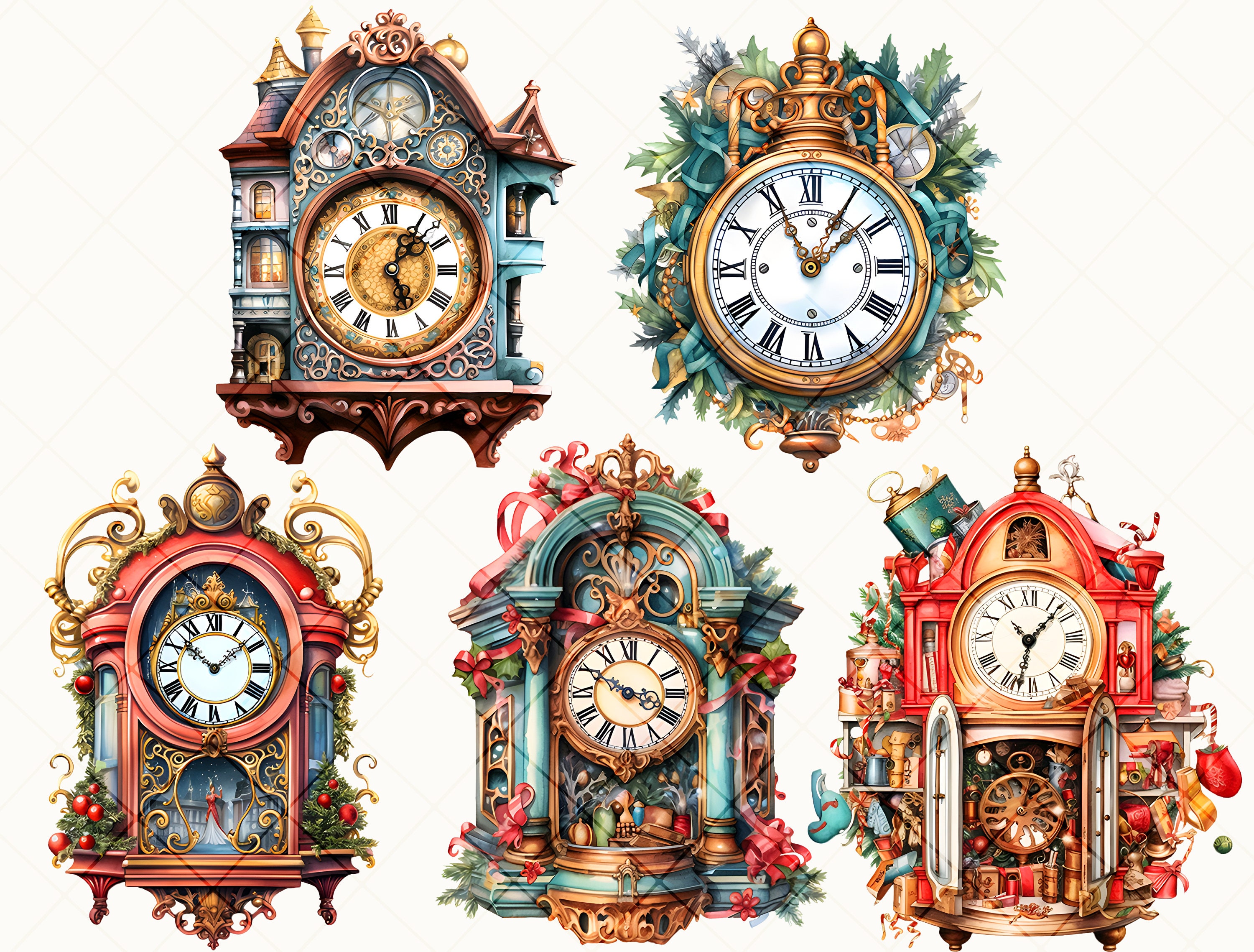 14 Christmas Clocks Clipart, Watercolor Clocks Art, Winter Gift Art ...
