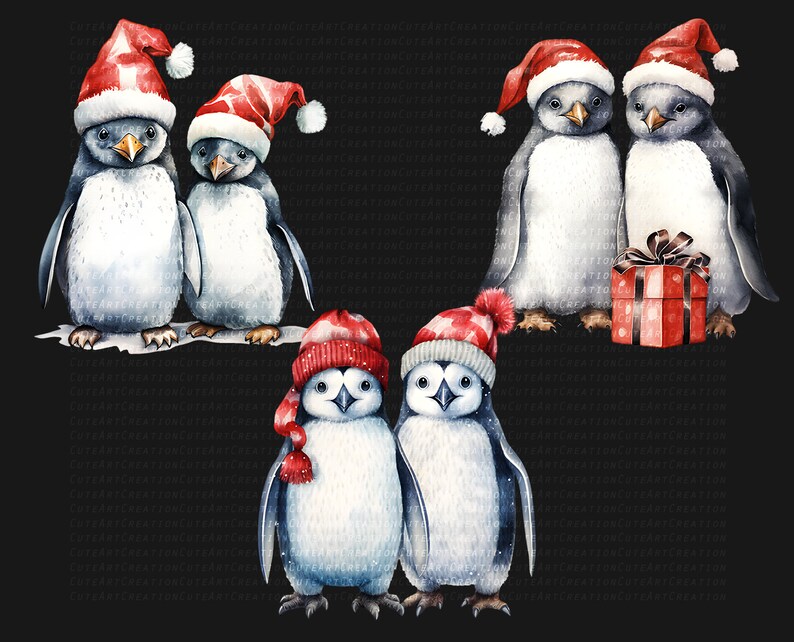 8 Christmas Penguin Clipart, Watercolor Penguins, Quality Winter Art ...