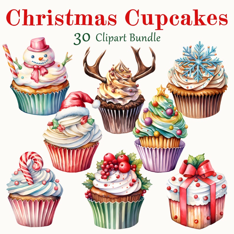 30 Christmas Cupcakes Clipart, Watercolor Cupcake Art, Winter Art ...