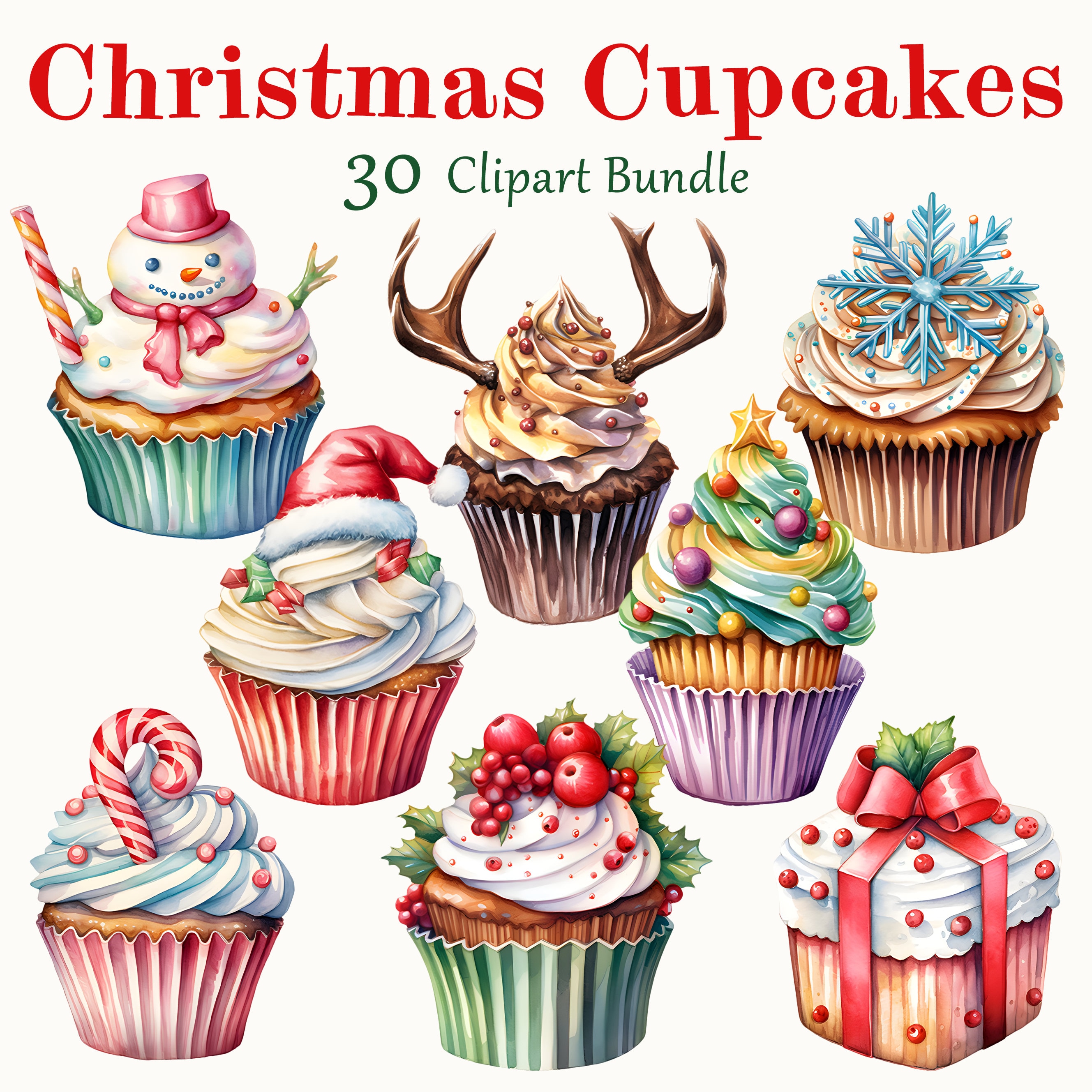 30 Christmas Cupcakes Clipart, Watercolor Cupcake Art, Winter Art ...