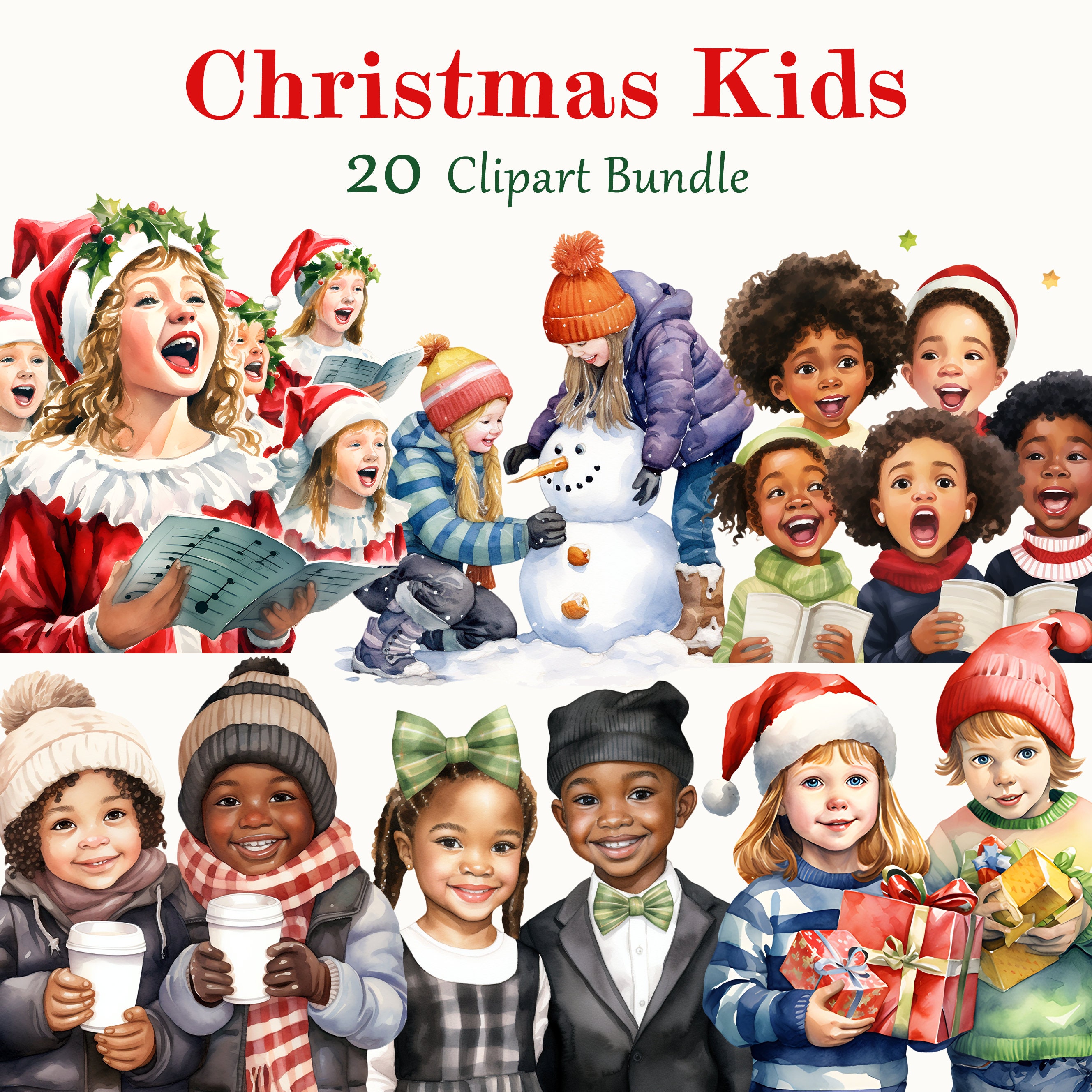 20 Christmas Kids Clipart, Watercolor Children Art, Winter Art, Digital ...