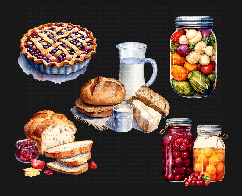 30 Country Style Kitchen Clipart, Watercolor, Vintage Farm Cooking ...