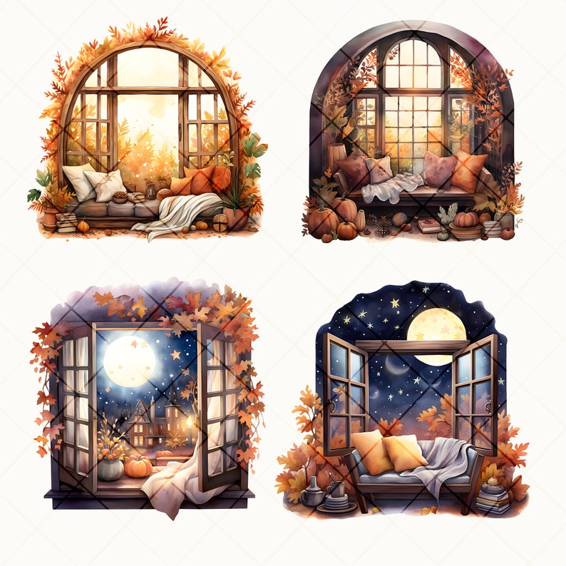 15 Cozy Autumn Window View Clipart, Watercolor Fall Art, Quality Art ...