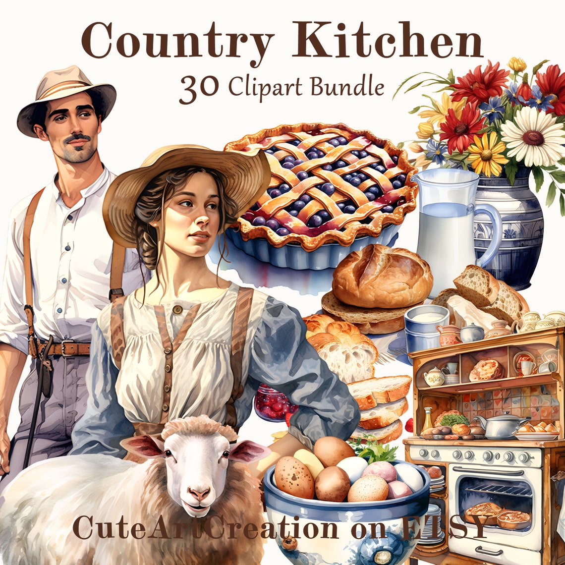 30 Country Style Kitchen Clipart, Watercolor, Vintage Farm Cooking ...