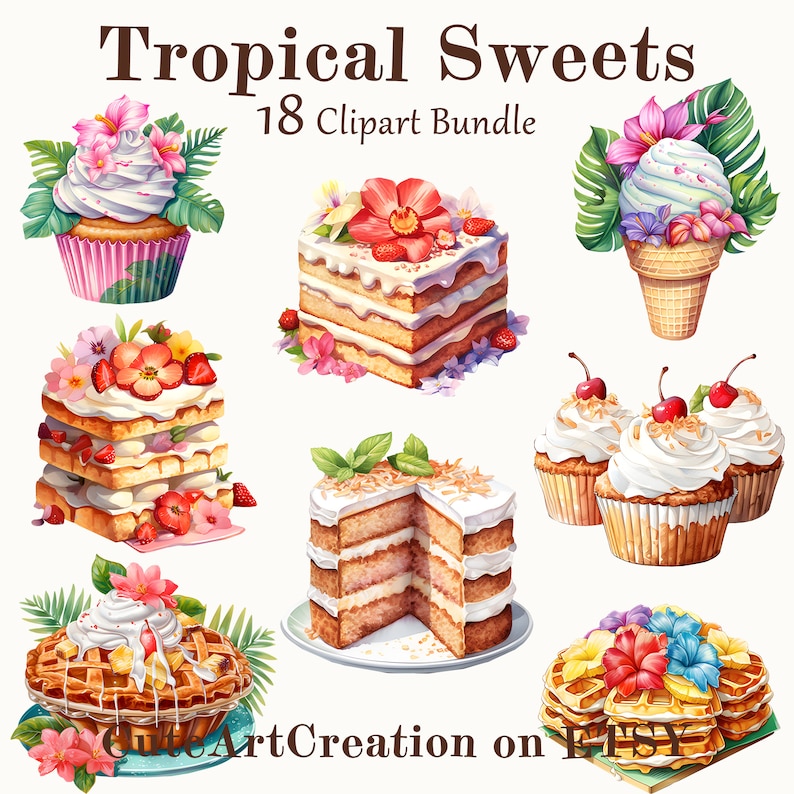 18 Tropical Desserts Clipart, Watercolor Sweets, Tropical Sweets Art ...