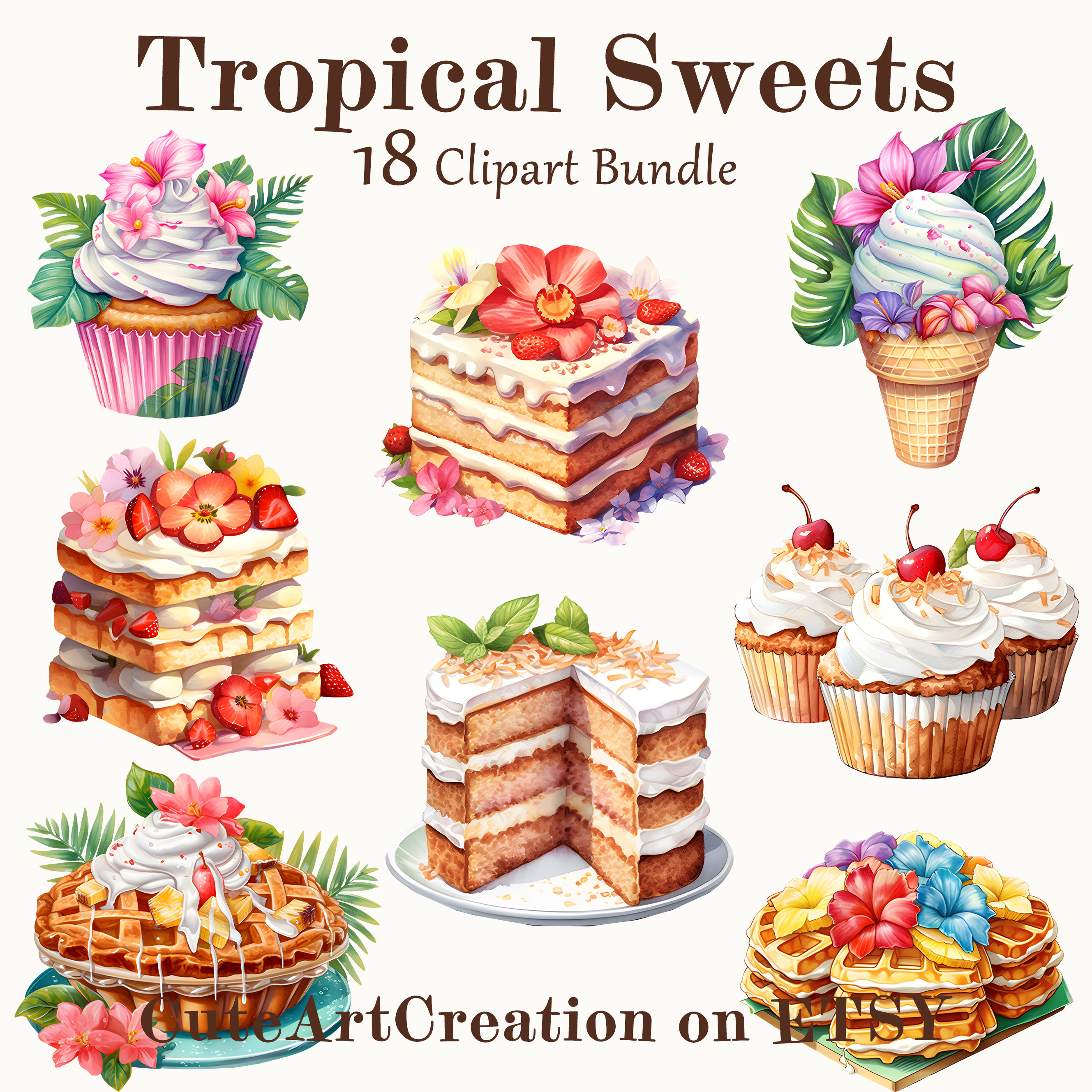 18 Tropical Desserts Clipart, Watercolor Sweets, Tropical Sweets Art ...