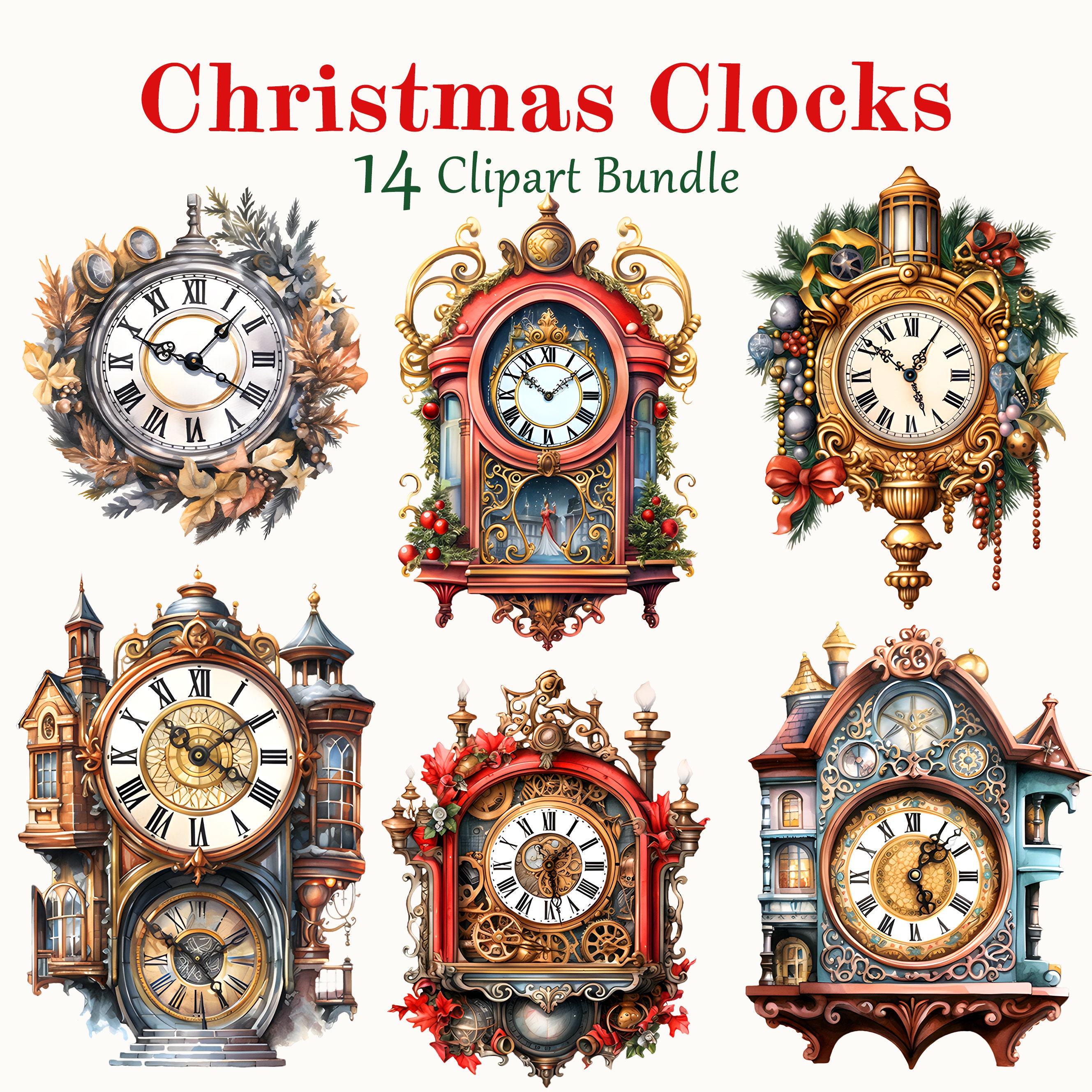14 Christmas Clocks Clipart, Watercolor Clocks Art, Winter Gift Art ...