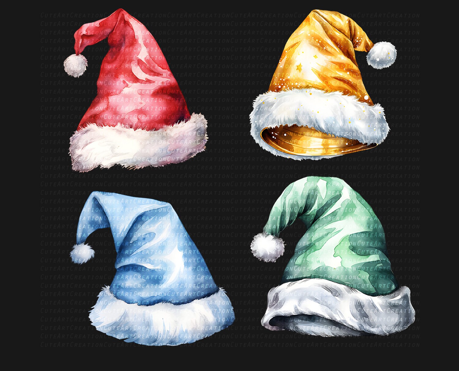 14 Christmas Santas Hats Clipart, Watercolor Hats, Quality Patterns ...