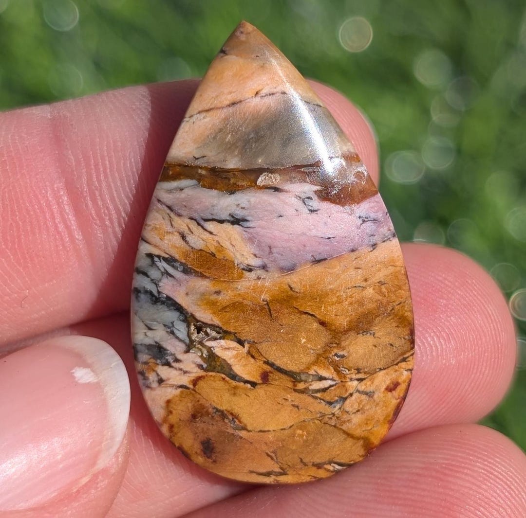 Scenic Painted Jasper Cabochon, Teardrop Shape, Indonesian Polychrome ...