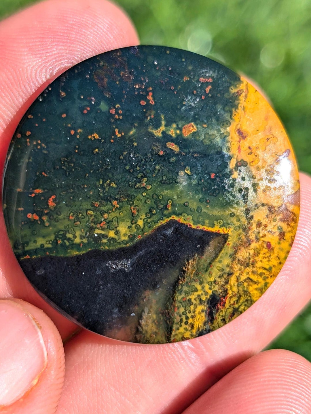 Scenic Yellow and Green and Red Plume Jasper Cabochon, Indonesian Rare ...