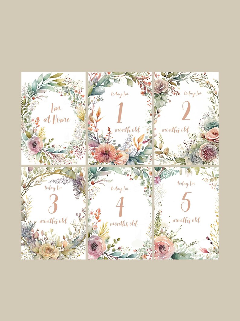 14 Baby Printable Milestone Month, First Year Cards, Wreath Style, Baby ...