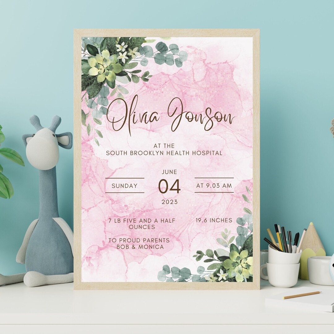 Birth Stats Sign, Personalized Girl Birth Gifts, Birth Stats Print ...