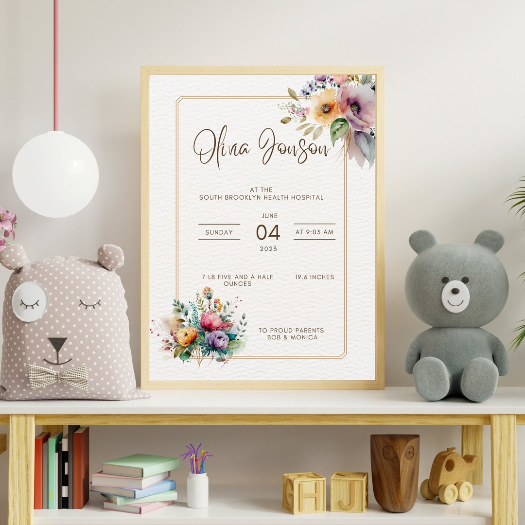 Birth Stats Sign With Flower, New Baby Girl Gift, Birth Stats Print ...
