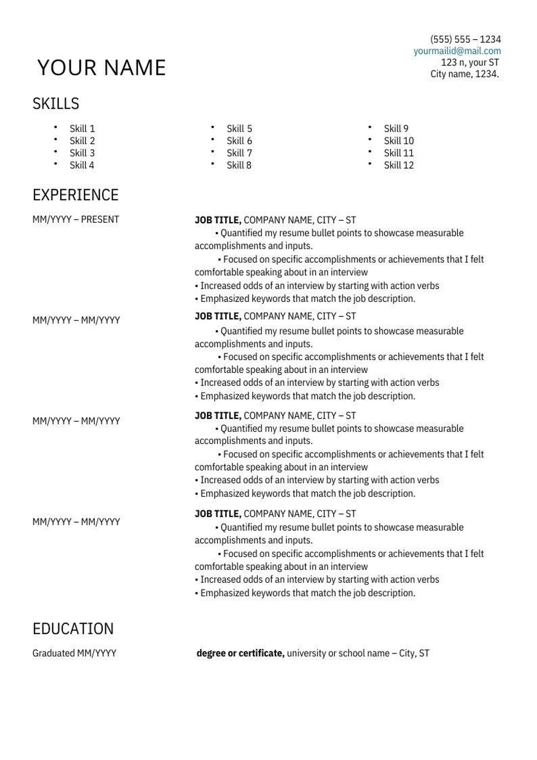 Simple ATS Friendly Resume Template Resume Template Men - Etsy