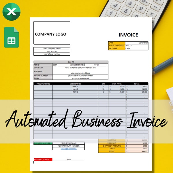 Invoice Template Auto Calculation Excel - Etsy