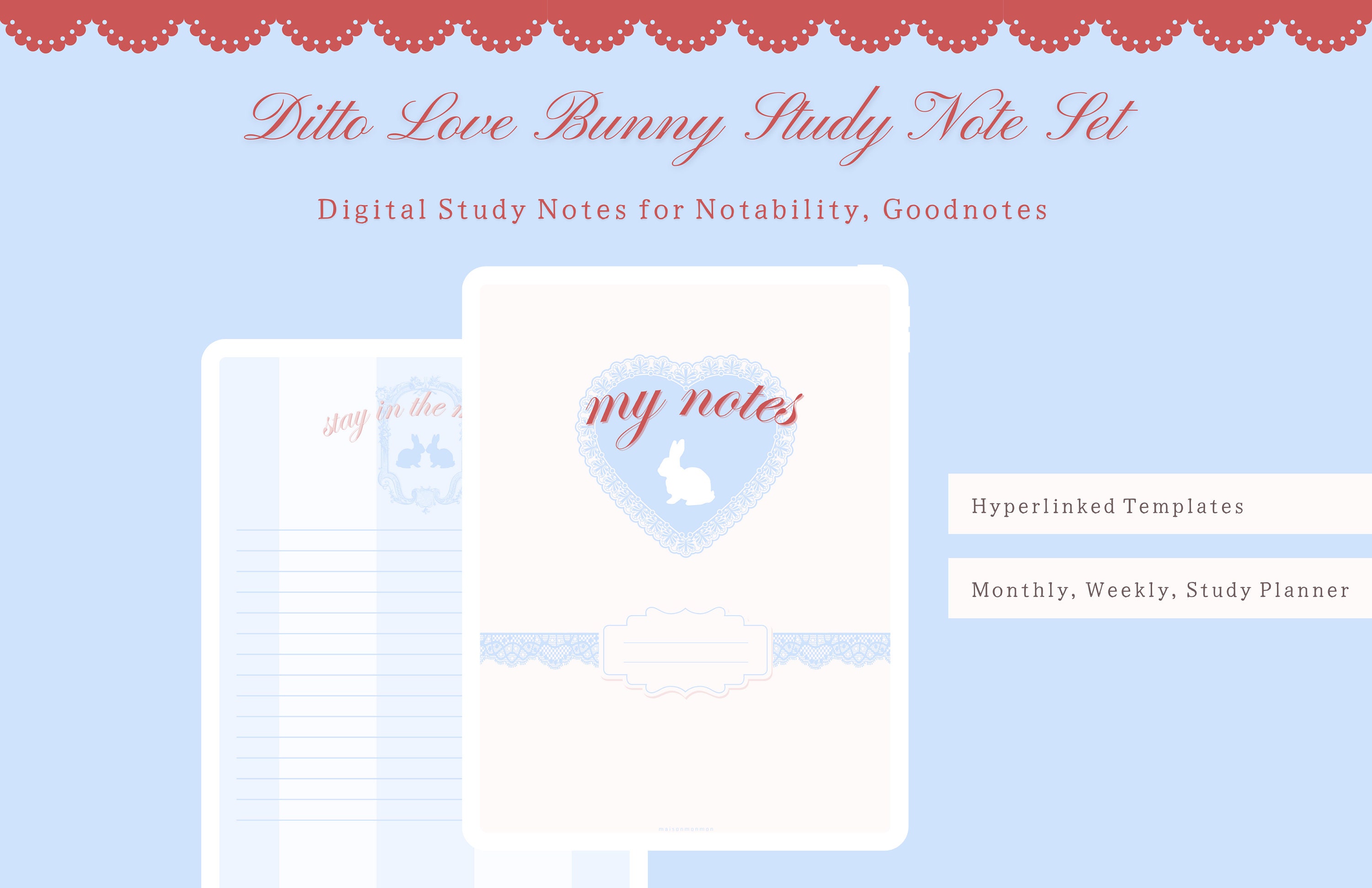 Ditto Love Bunny Notes Set Cute Digital Study Note Templates for ...
