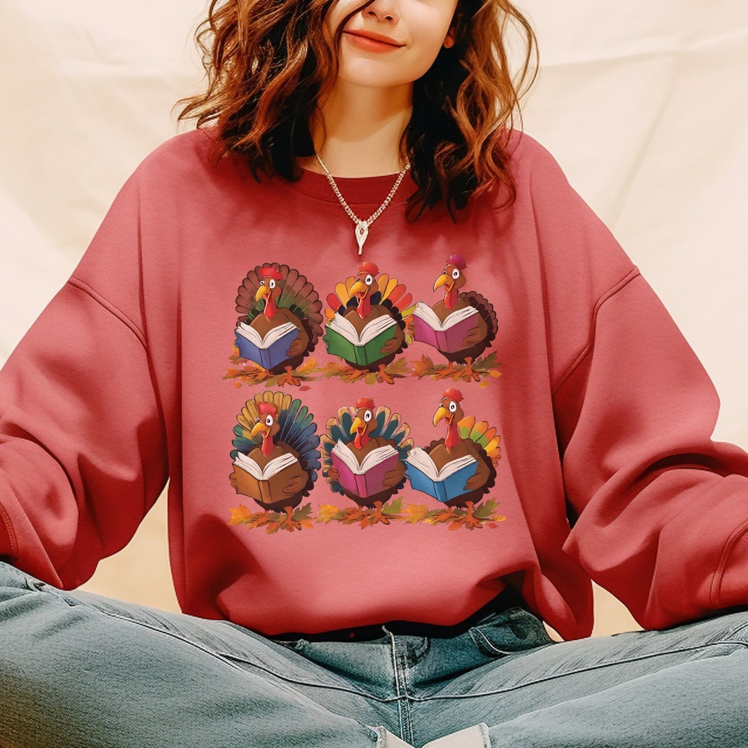 Comfort Colors Reading Turkey Sweater, Funny Holiday Pullover, Bookish ...