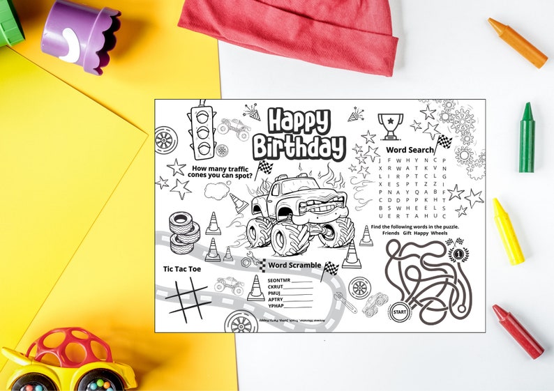 Birthday Monster Truck Paper Placemat Pdf | Colouring Page | Print at ...