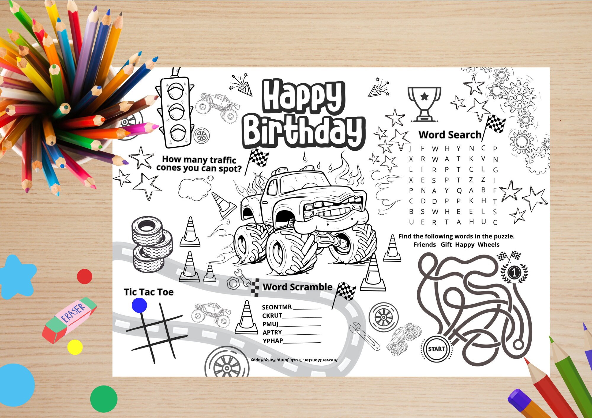 Birthday Monster Truck Paper Placemat Pdf | Colouring Page | Print at ...