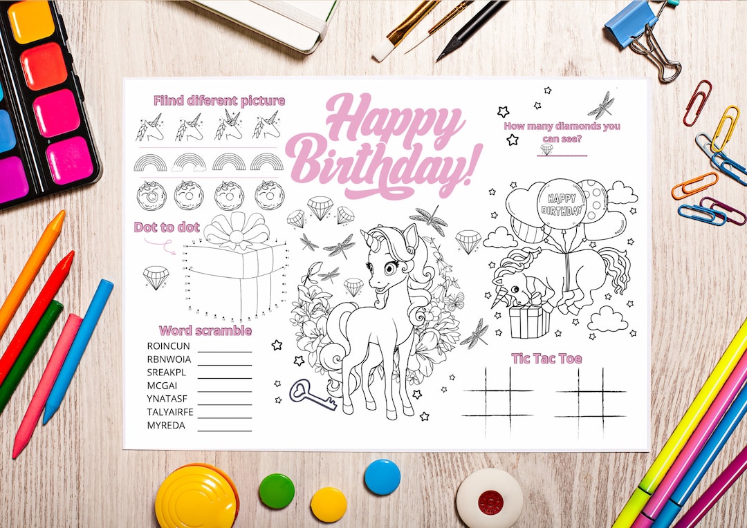 Unicorn Paper Placemats Pdf Colouring Page Print at Home Activity for ...