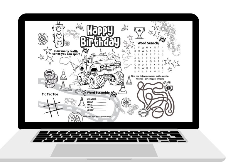 Birthday Monster Truck Paper Placemat Pdf | Colouring Page | Print at ...