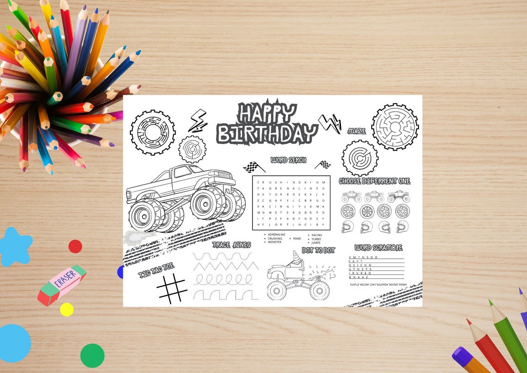 Birthday Monster Truck Paper Placemat Pdf | Colouring Page | Print at ...