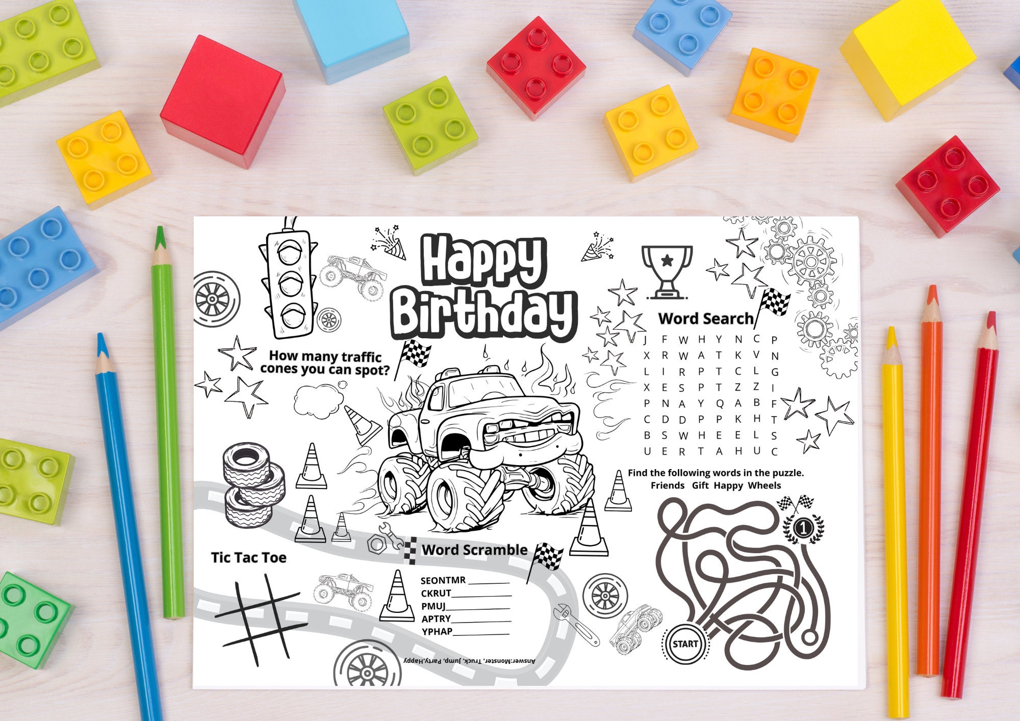 Birthday Monster Truck Paper Placemat Pdf | Colouring Page | Print at ...