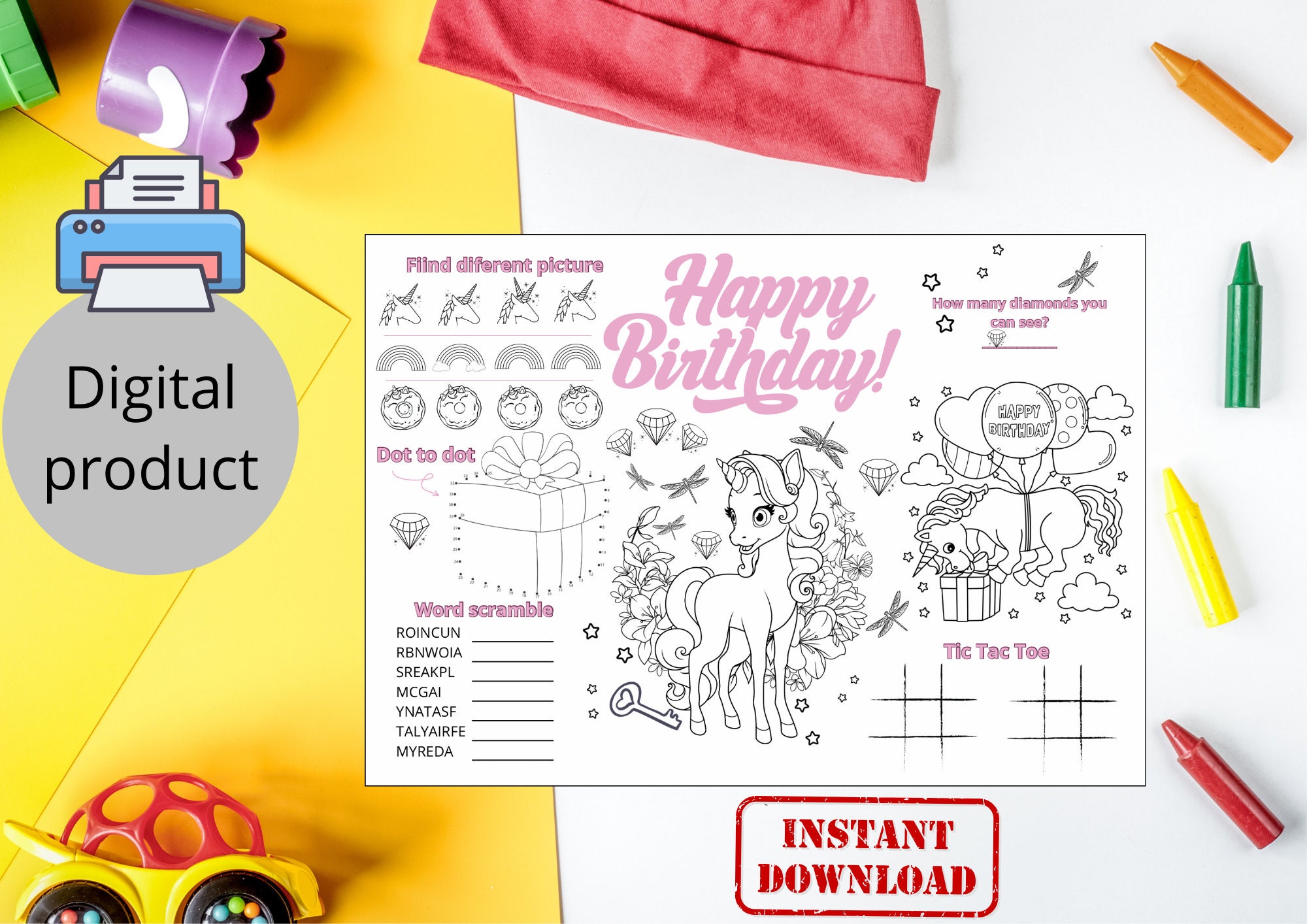 Unicorn Paper Placemats Pdf Colouring Page Print at Home Activity for ...