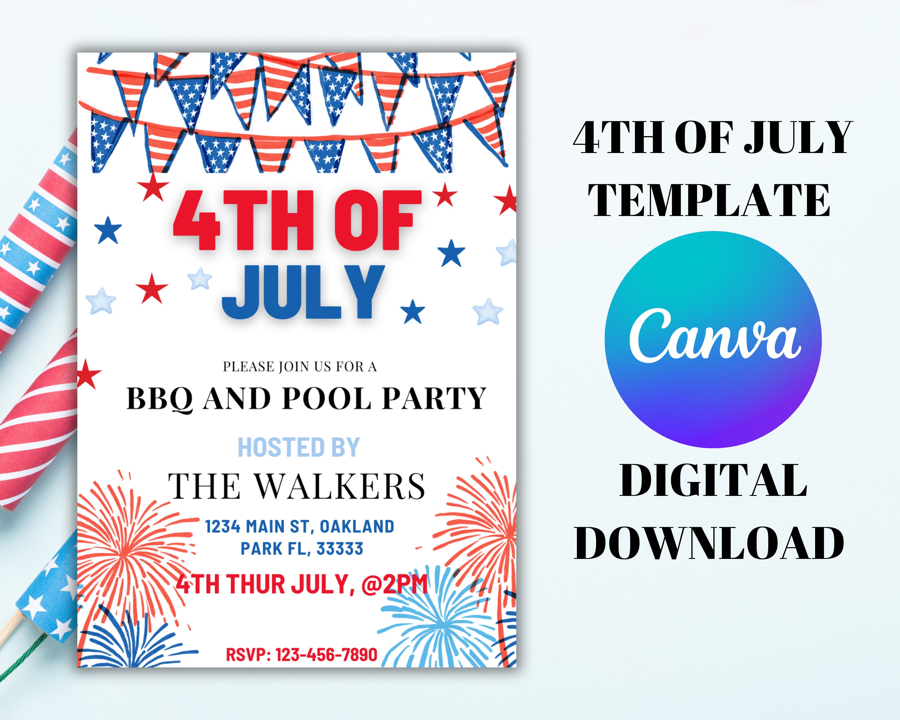 Editable 4th of July BBQ and Pool Party Invitation, Independence Day ...