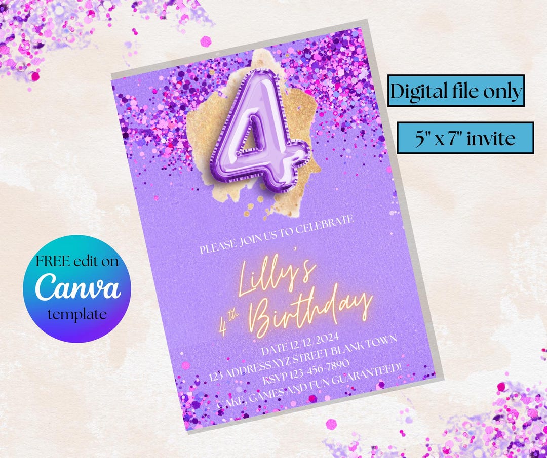Glitter 4th Birthday Invitation | Purple Glitter Party Template | Pink ...