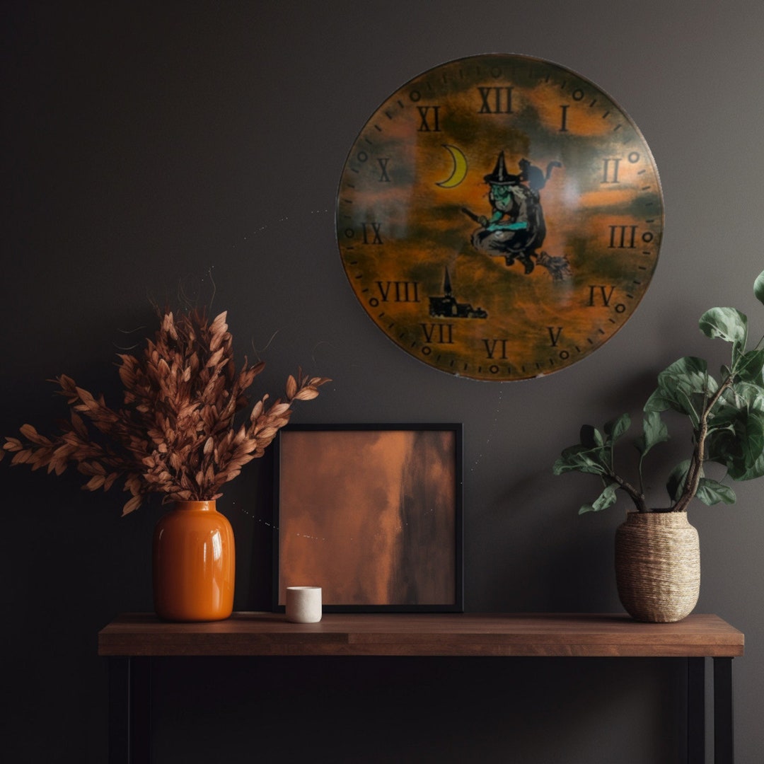 18" Diameter Wooden Halloween - Witch Clock, Unique Handmade Halloween ...