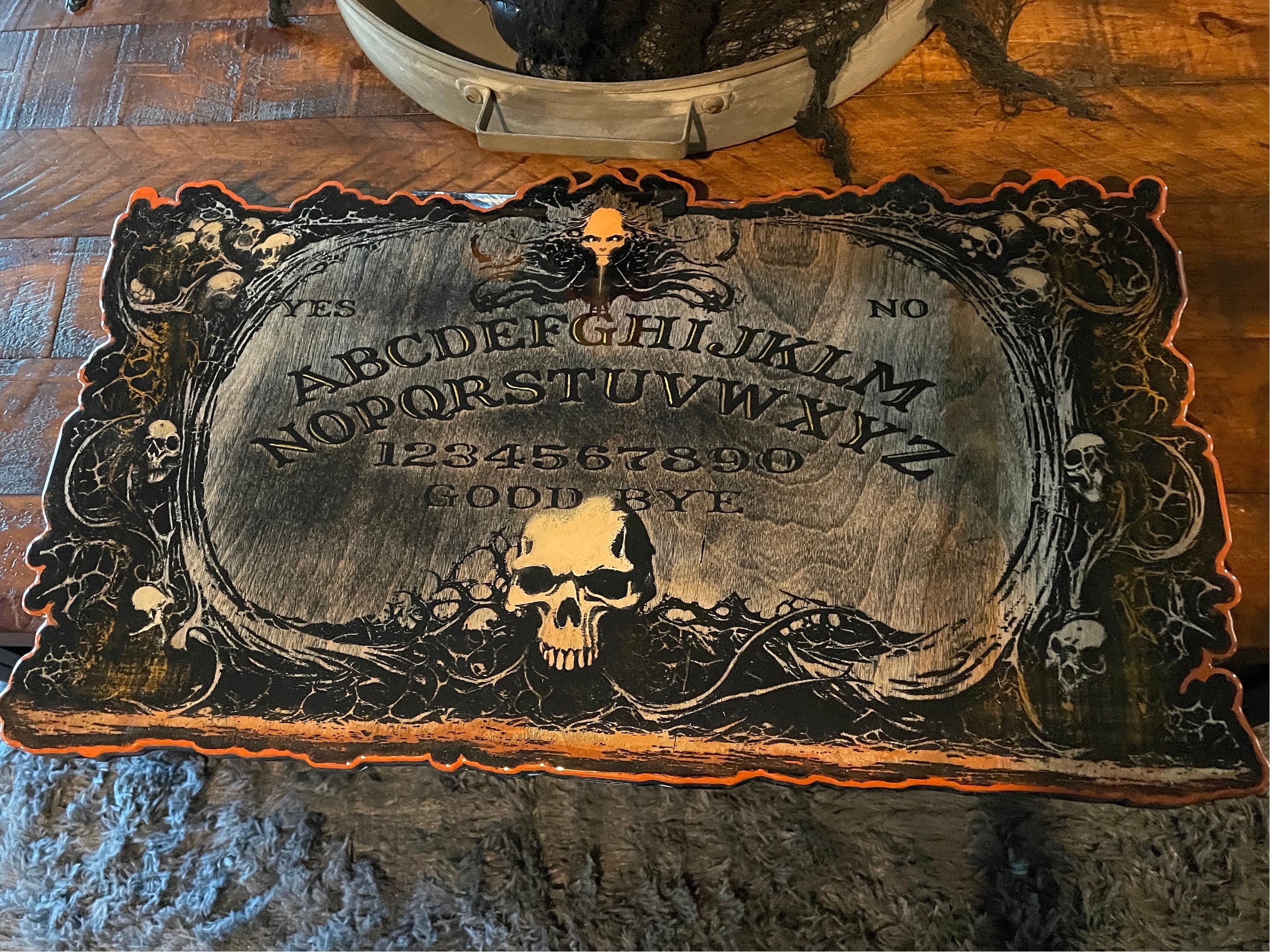 Wooden Ouija Board and Planchette 12" X 20" Dark Skull Design Handmade ...