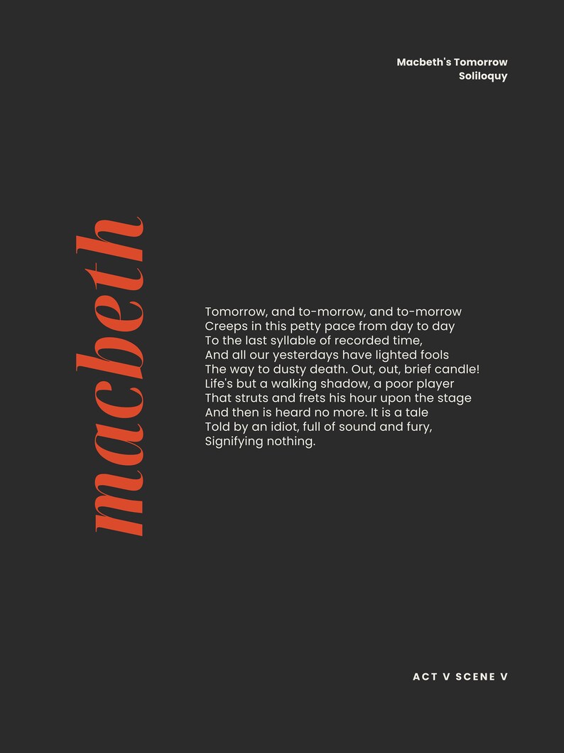 Shakespeare Quote Poster Macbeth's Tomorrow Speech Typography Wall Art ...