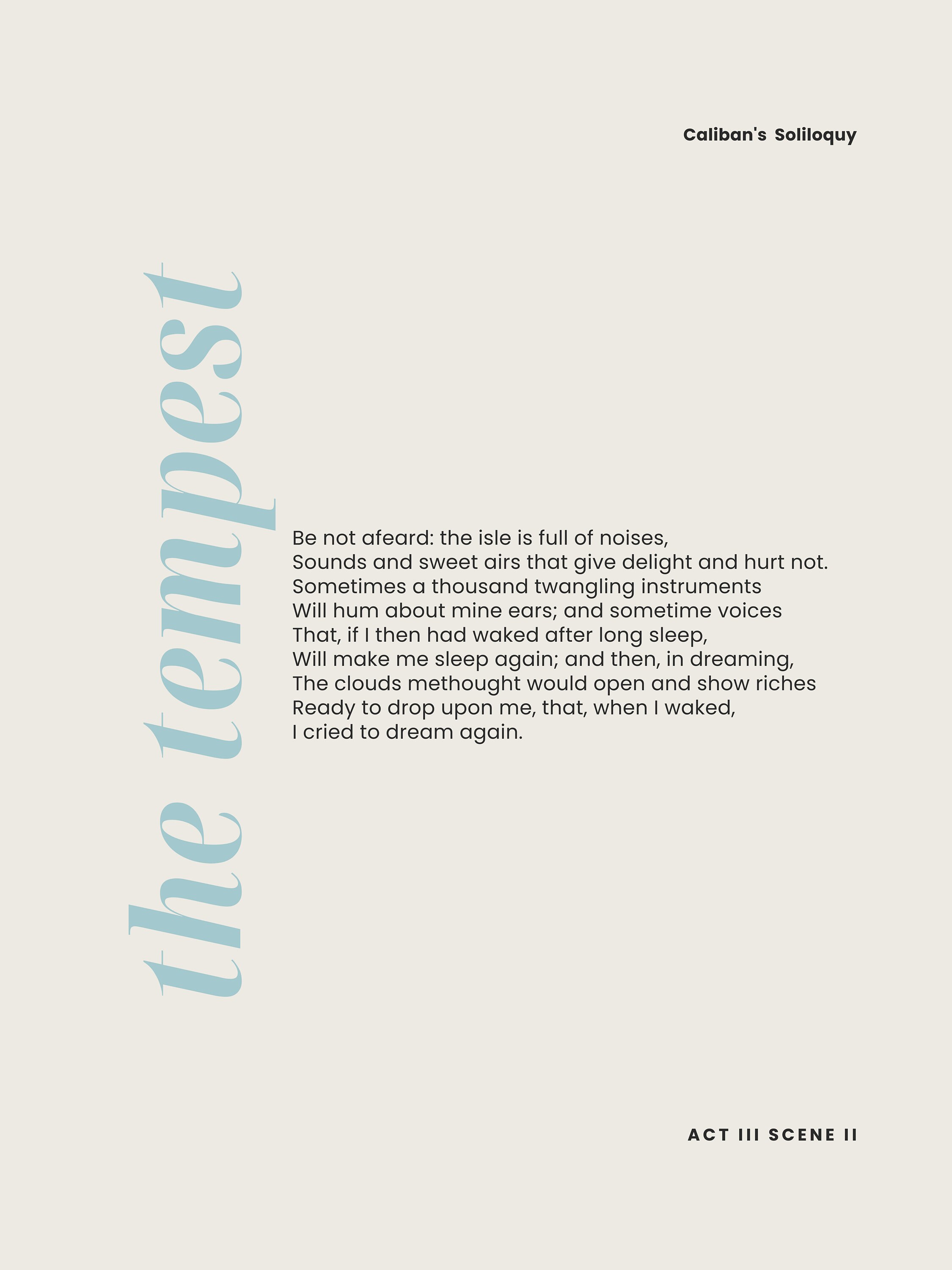 Shakespeare Quote Poster the Tempest Caliban's Be Not Afeared Soliloquy ...