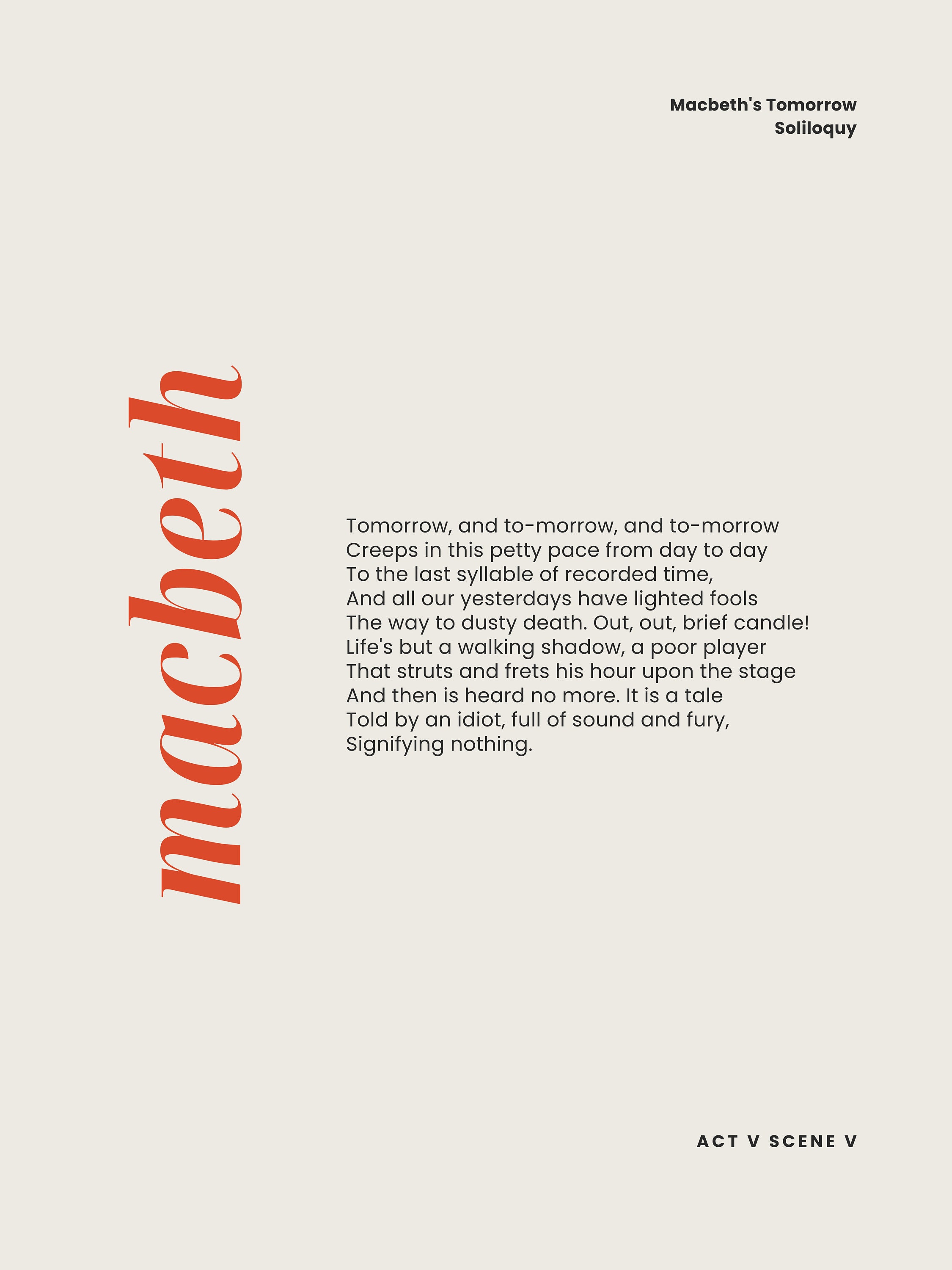 Shakespeare Quote Poster Macbeth's Tomorrow Speech Typography Wall Art ...