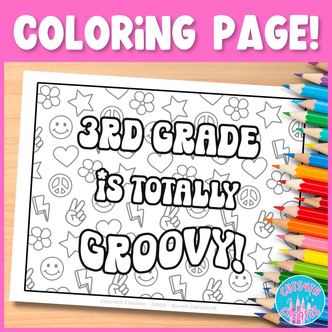 Printable Coloring Page 3rd Grade is Totally Groovy! Cute Retro Happy ...