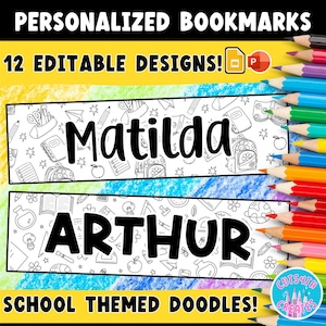 EDITABLE! Back to School Doodles Personalized Coloring Bookmarks | Add ...
