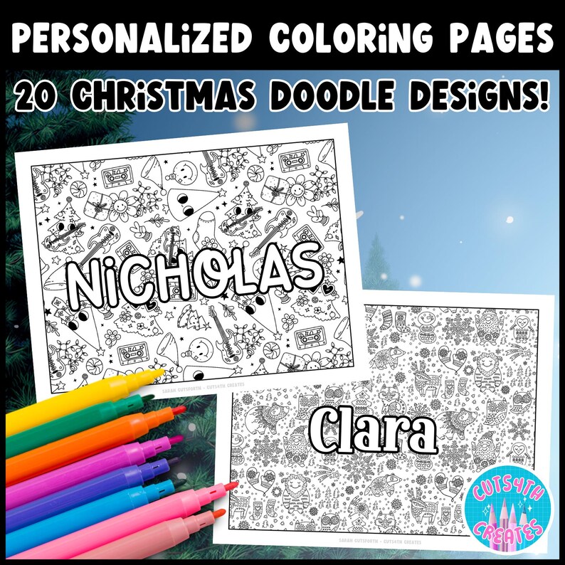 EDITABLE Christmas Doodles Personalized Coloring Pages Add Student ...