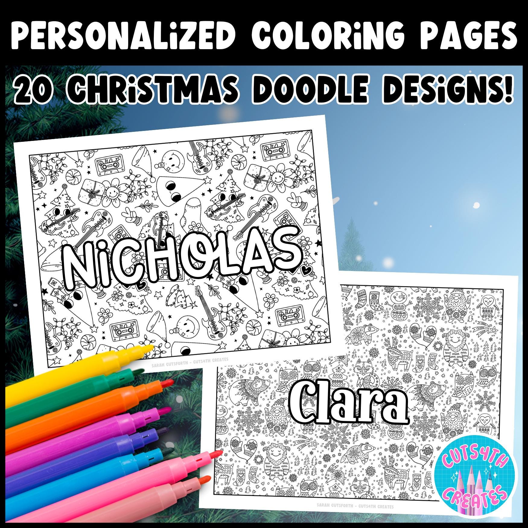EDITABLE Christmas Doodles Personalized Coloring Pages Add Student ...