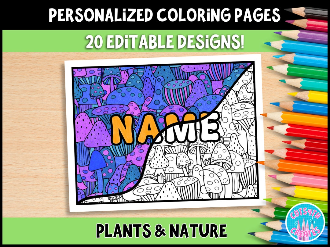 Editable Personalized Printable Coloring Pages Nature Flowers Mushrooms ...