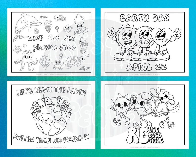 Earth Day Coloring Pages 20 Sheets Retro Groovy Cartoon Conservation ...