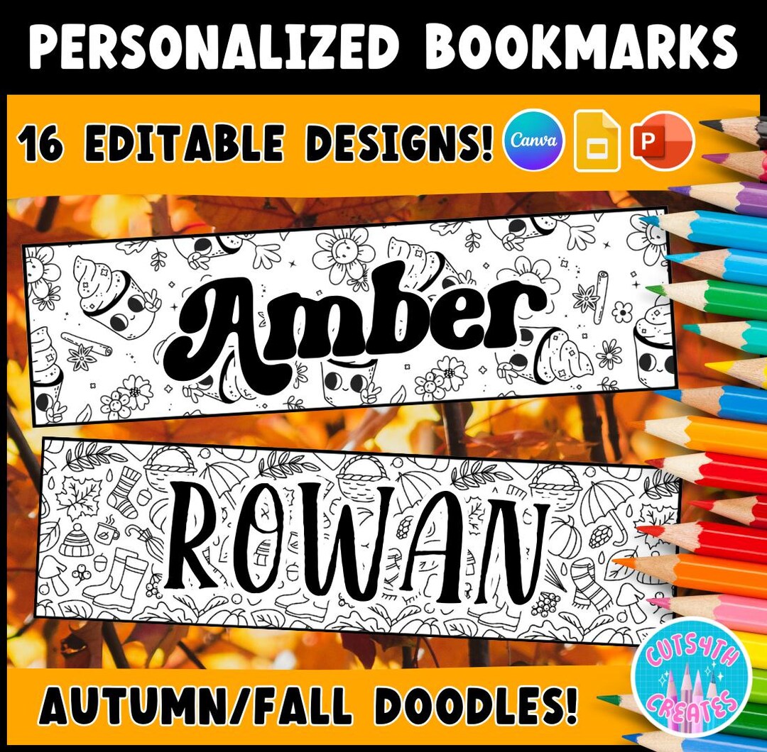 EDITABLE Autumn Fall Personalized Coloring Bookmarks | Canva, Slides ...