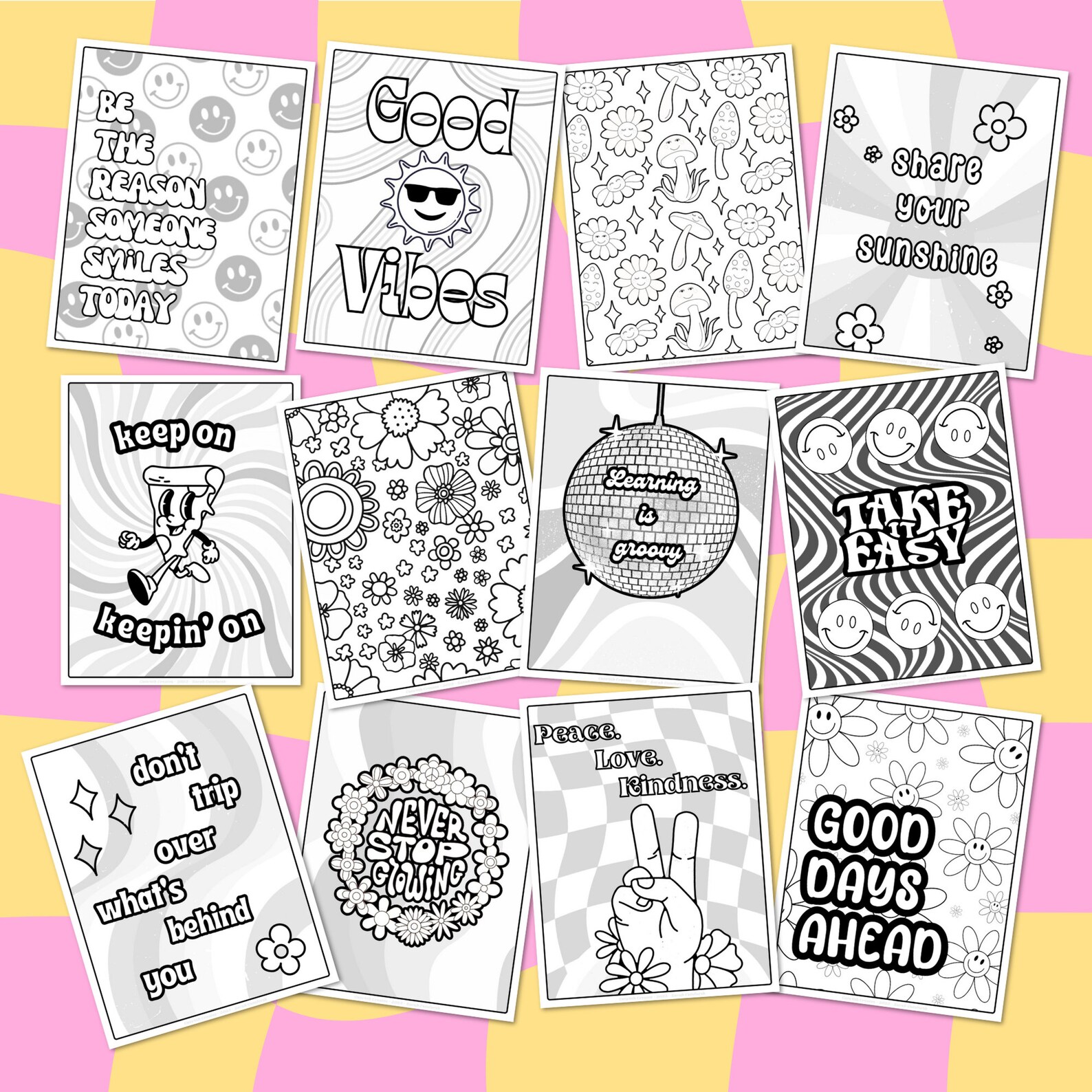 Retro Groovy Coloring Pages | Growth Mindset | Positive Affirmations ...