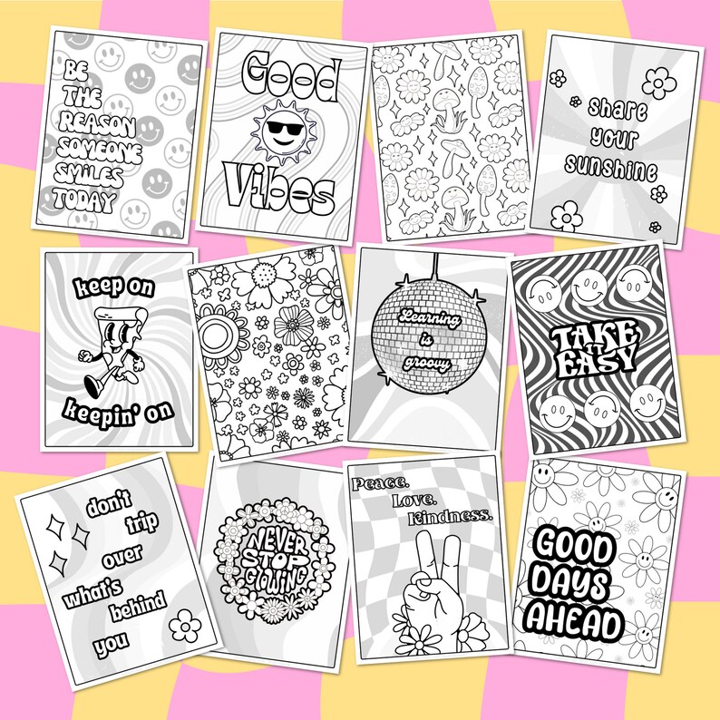Retro Groovy Coloring Pages | Growth Mindset | Positive Affirmations ...